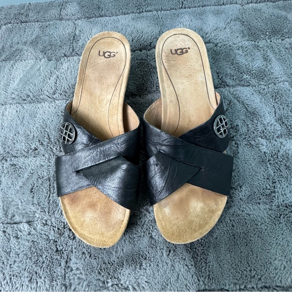 UGG | Shoes | Ugg Lyra Wedge Sandals Women Size 85 Black Leather Open ...